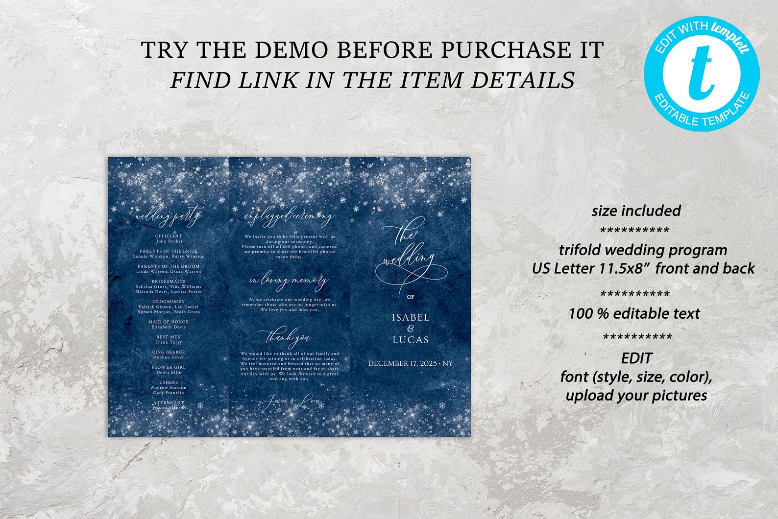 Trifold Wedding Program Template, Winter Ceremony Program Foldable ...