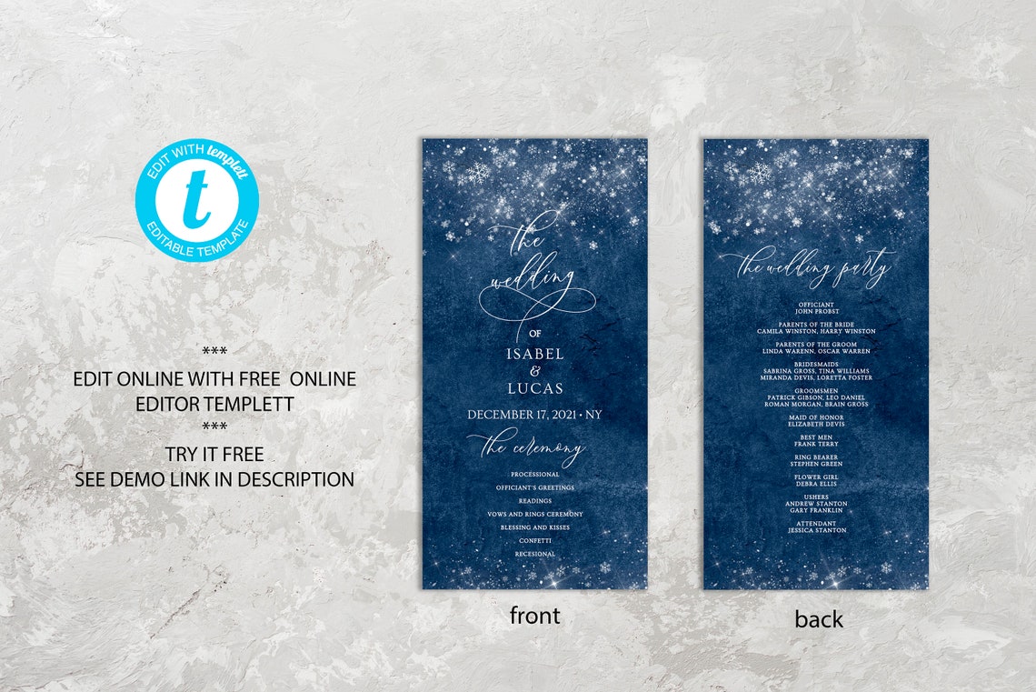 Winter Wedding Program Template Ceremony Program Template - Etsy