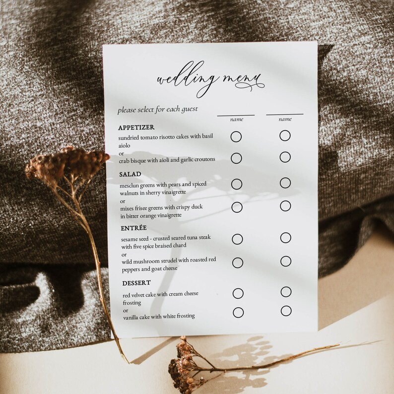 Wedding Menu Selection Card Menu Option Card Wedding Menu - Etsy