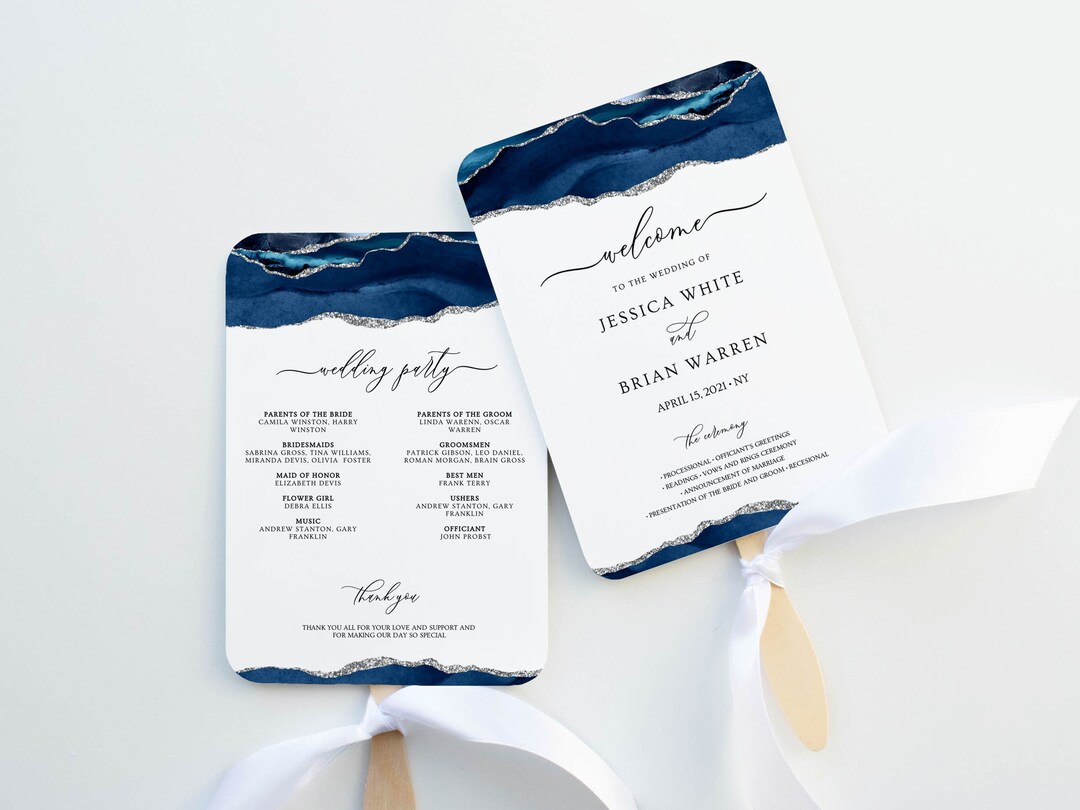 Blue and Silver Fan Programs for Wedding, Fan Program Template, Order ...