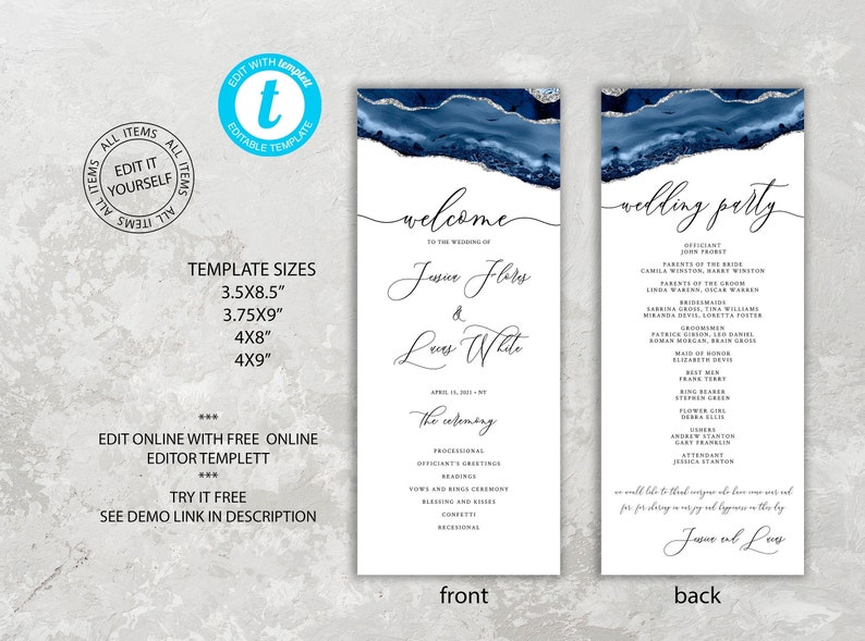 Blue Wedding Program Template, Customize Wedding Program, DIY Ceremony ...