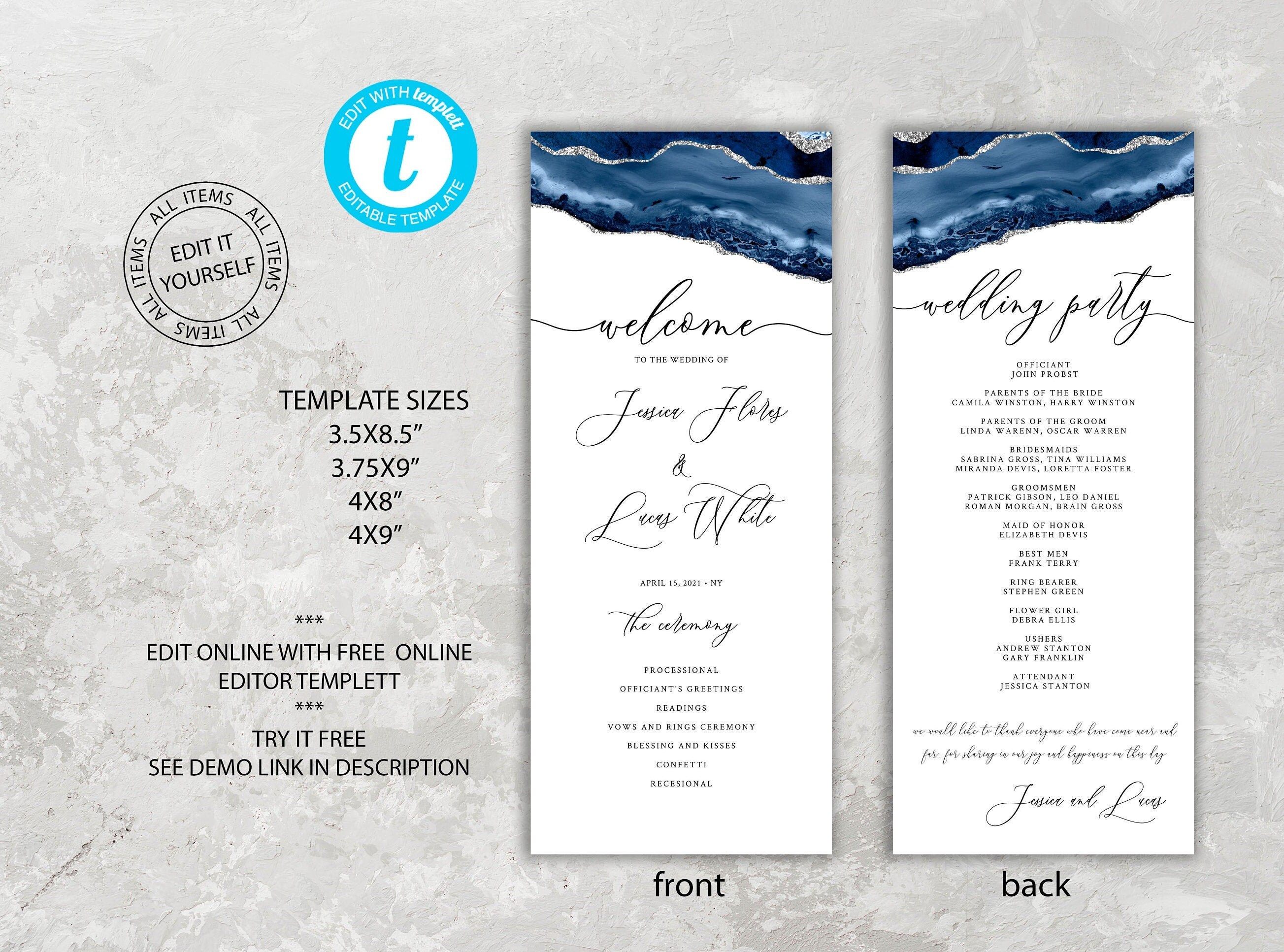 Blue Wedding Program Template, Customize Wedding Program, DIY Ceremony ...