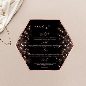 Hexagon Wedding Menu Card Template, Menu Card Black and Rose Gold ...