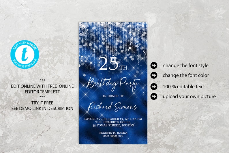 Birthday Invitation Blue Foil Electronic Birthday Invite - Etsy
