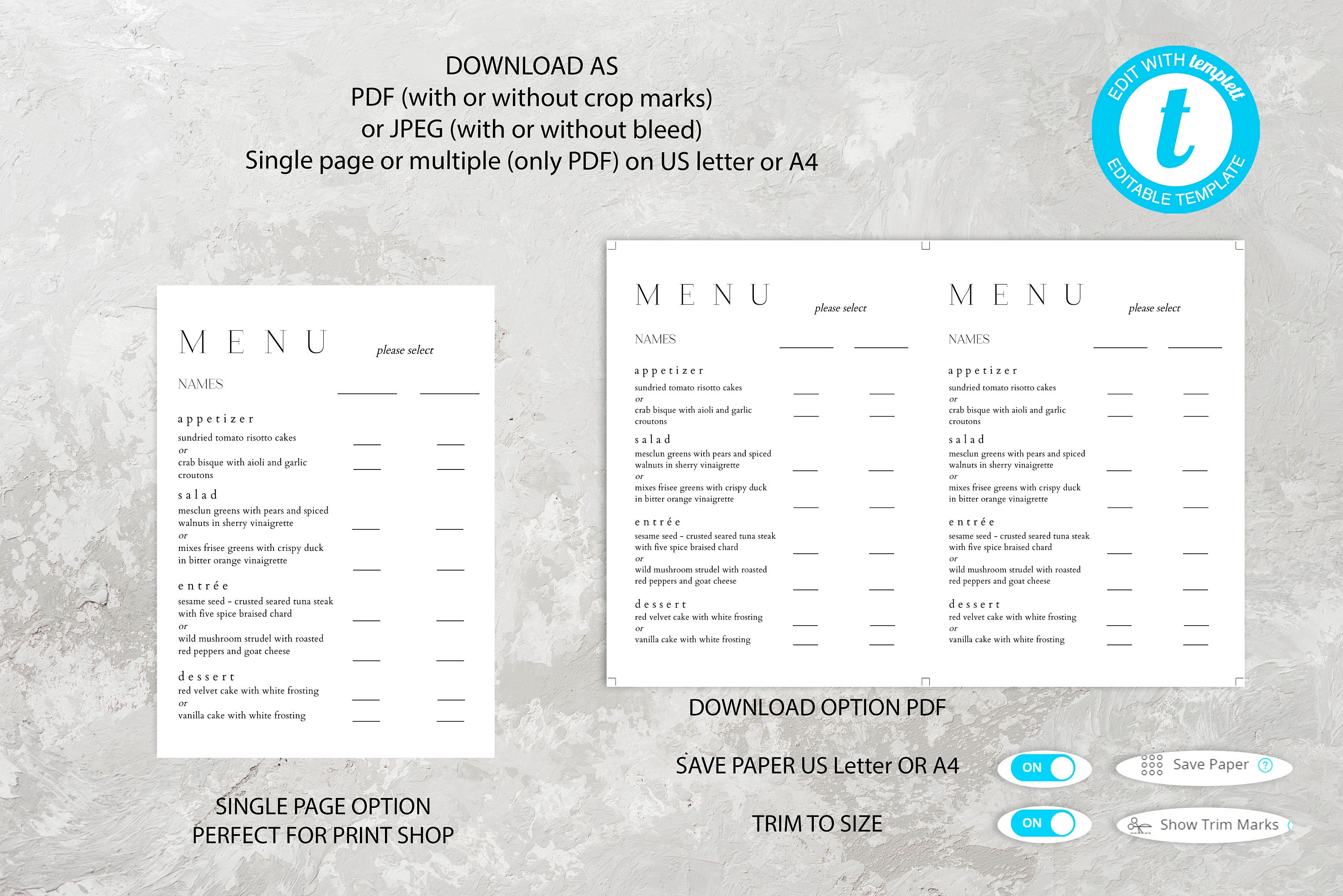 Wedding Menu Choice Card Menu Selection Card Wedding Menu - Etsy
