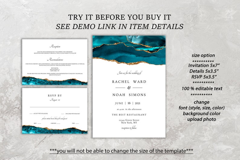 Turquoise Wedding Invitation Template Wedding Invitation Set | Etsy