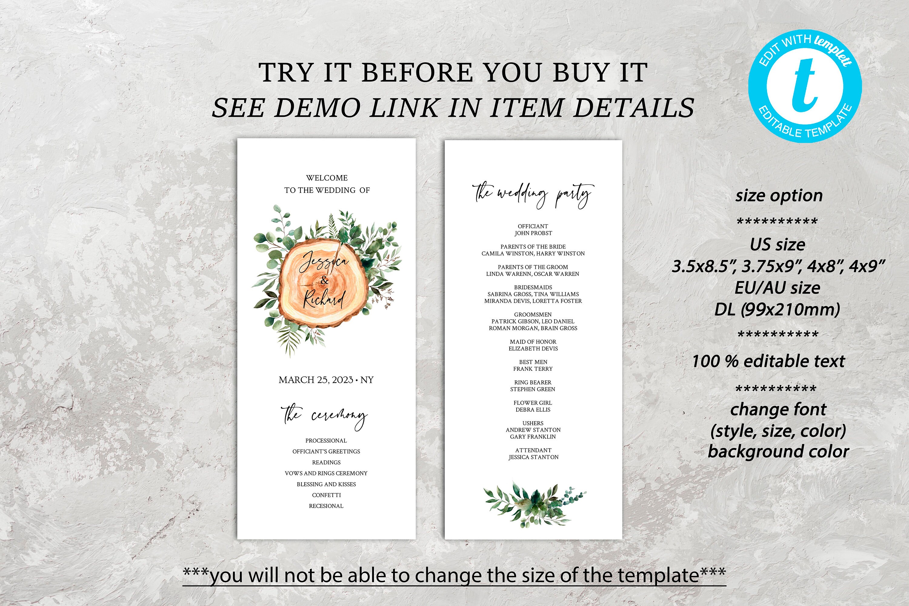 Wedding Program Rustic Template, Ceremony Program Template, Program for ...