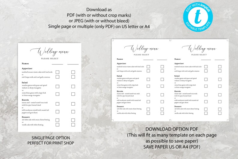Wedding Menu Selection Card Menu Choice Card Wedding Menu - Etsy