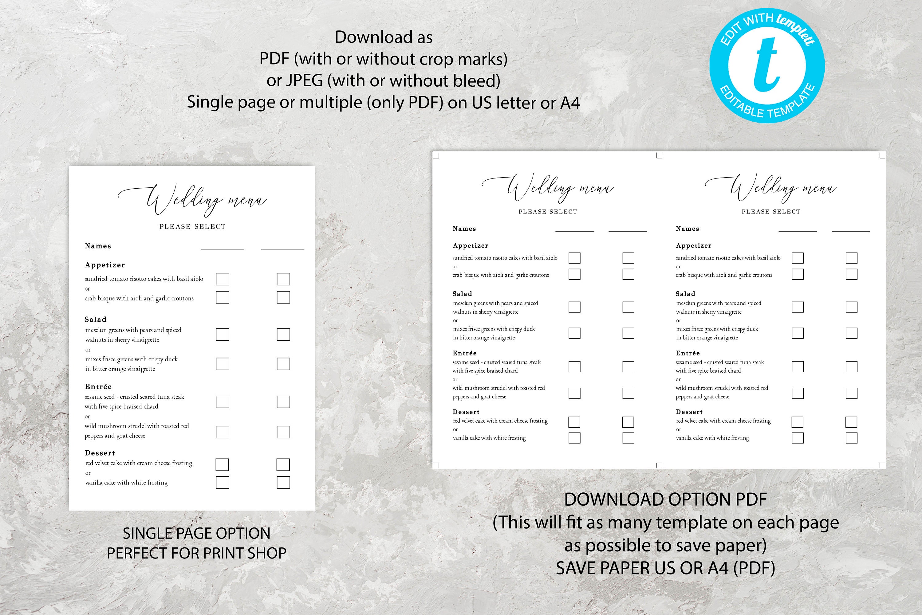 Wedding Menu Selection Card Menu Choice Card Wedding Menu - Etsy