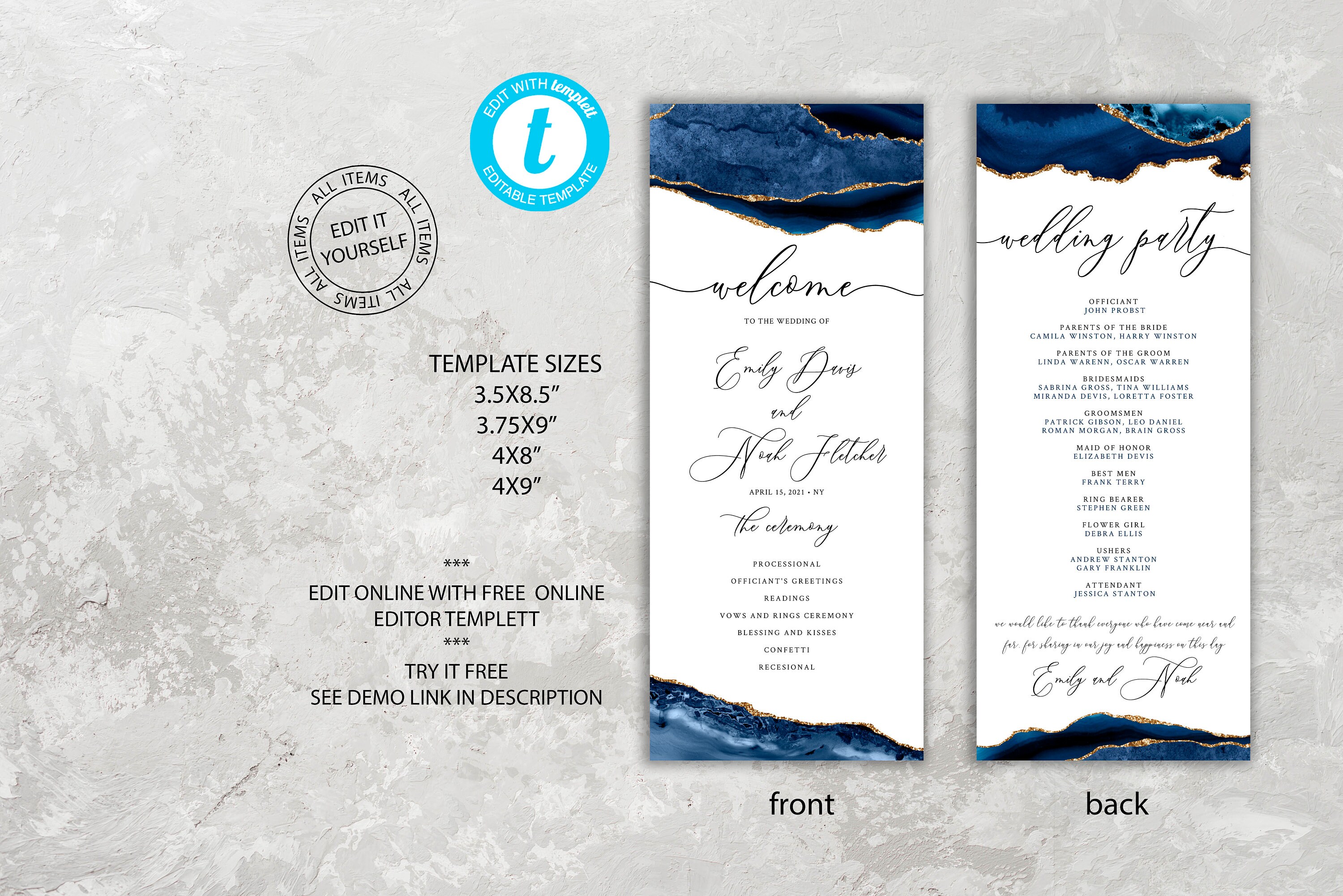 Wedding Program With Navy Blue Agate Wedding Program - Etsy