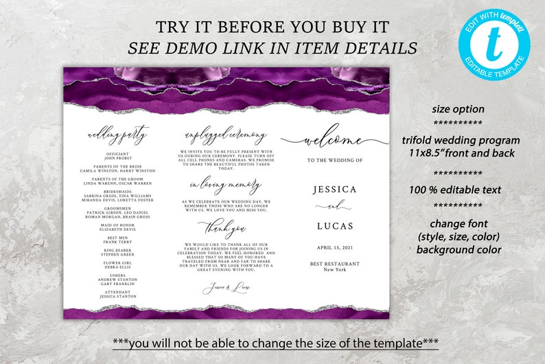 Purple and Silver Trifold Wedding Program Ceremony Program - Etsy