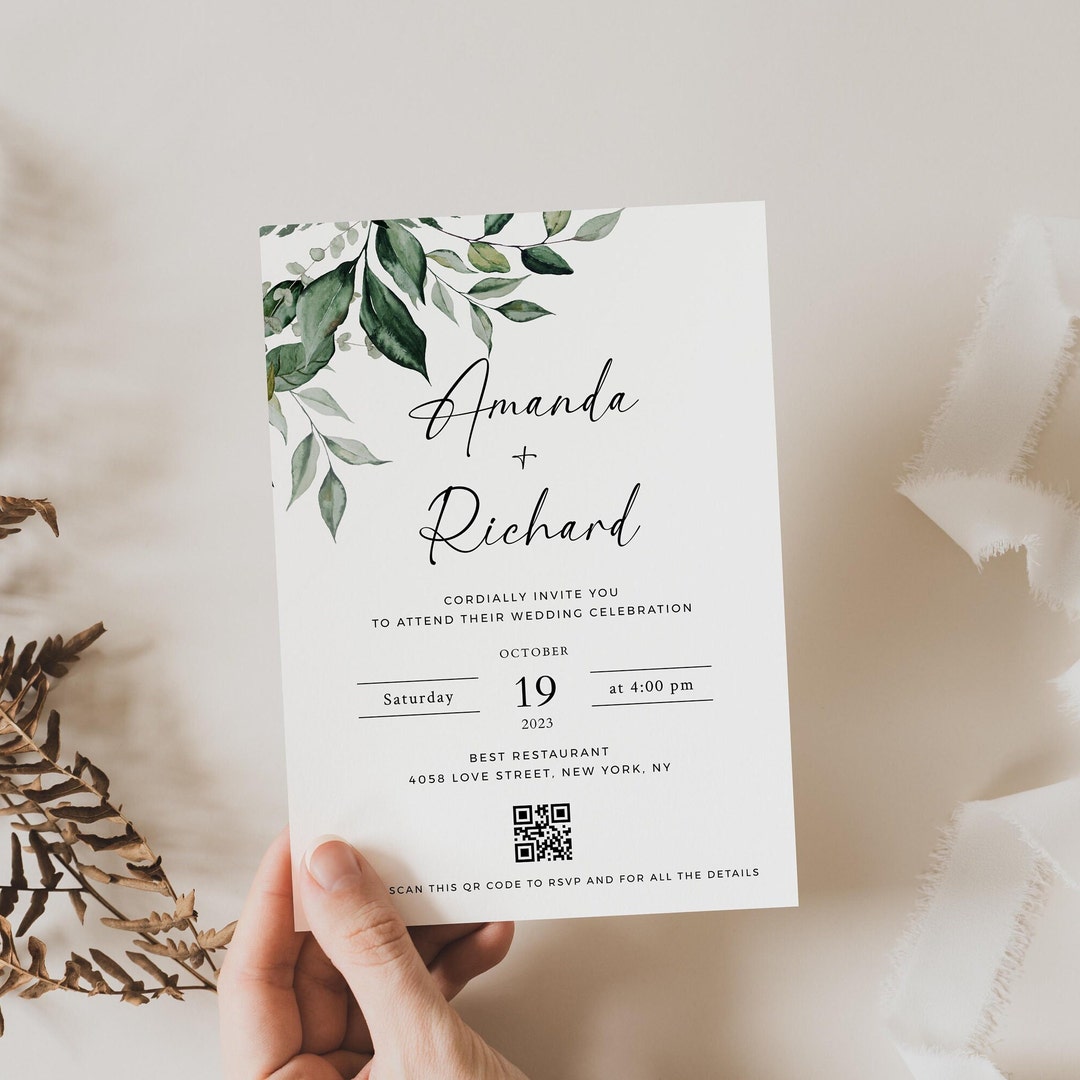 Wedding Invitation QR Code, Greenery Wedding Invitation Template ...