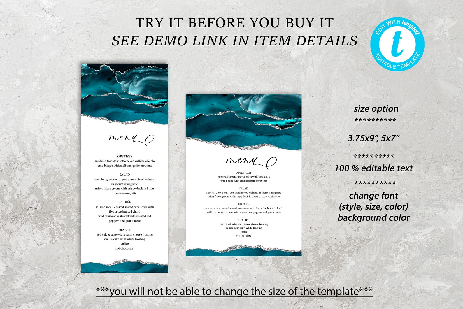 Teal and Silver Menu Card Template Wedding Menu Card Menu - Etsy