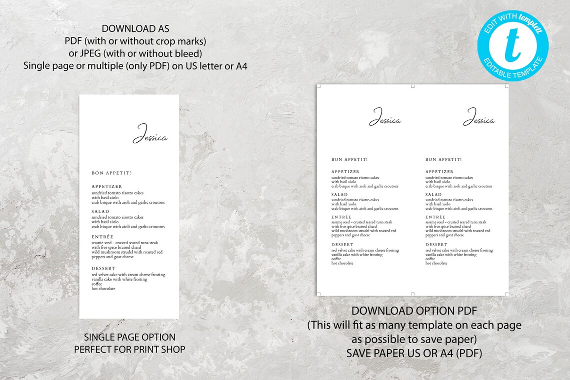 Wedding Menu Name Wedding Menu Card Template Dinner Menu | Etsy