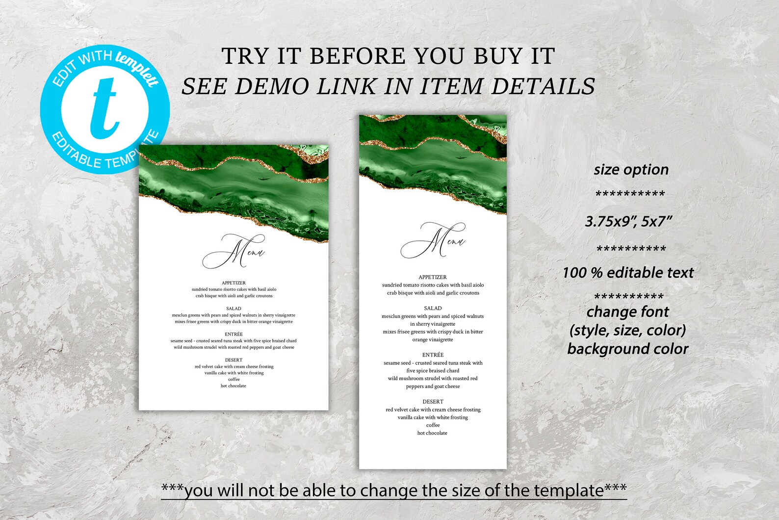 Wedding Menu Greenery Template Menu Card Green and Gold | Etsy