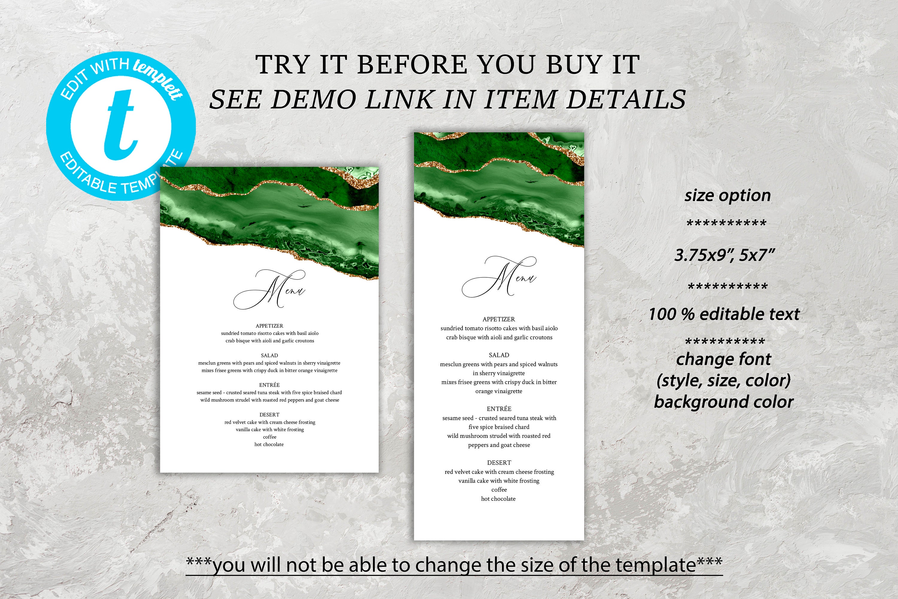 Wedding Menu Greenery Template Menu Card Green and Gold - Etsy