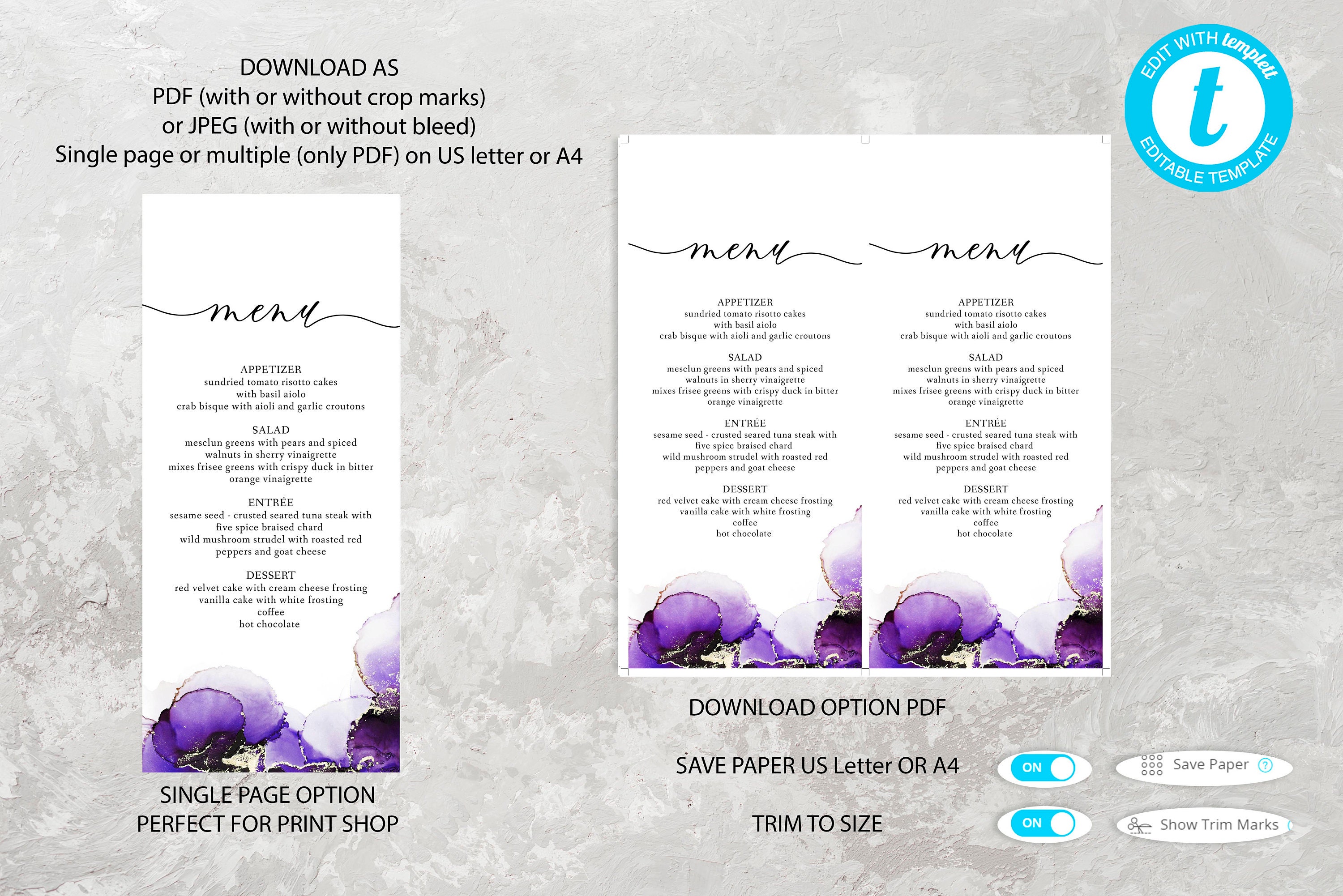 Purple Menu Card Template Wedding Menu Card Dinner Menu - Etsy Canada