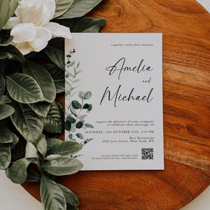 Wedding Invitation QR Code, Greenery Wedding Invitation Template ...