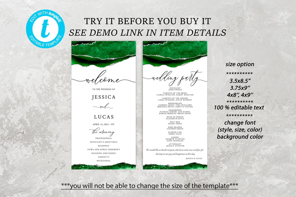 Green and Silver Wedding Program Template Ceremony Program | Etsy