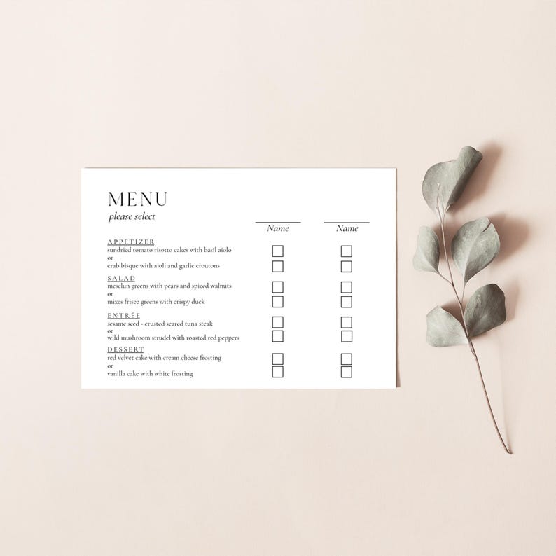 Wedding Menu Selection Card, Food Choice, Editable Template, Instant ...