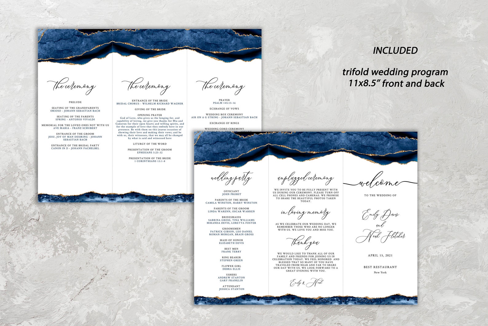 Blue and Gold Wedding Program Template, Trifold Wedding Program ...