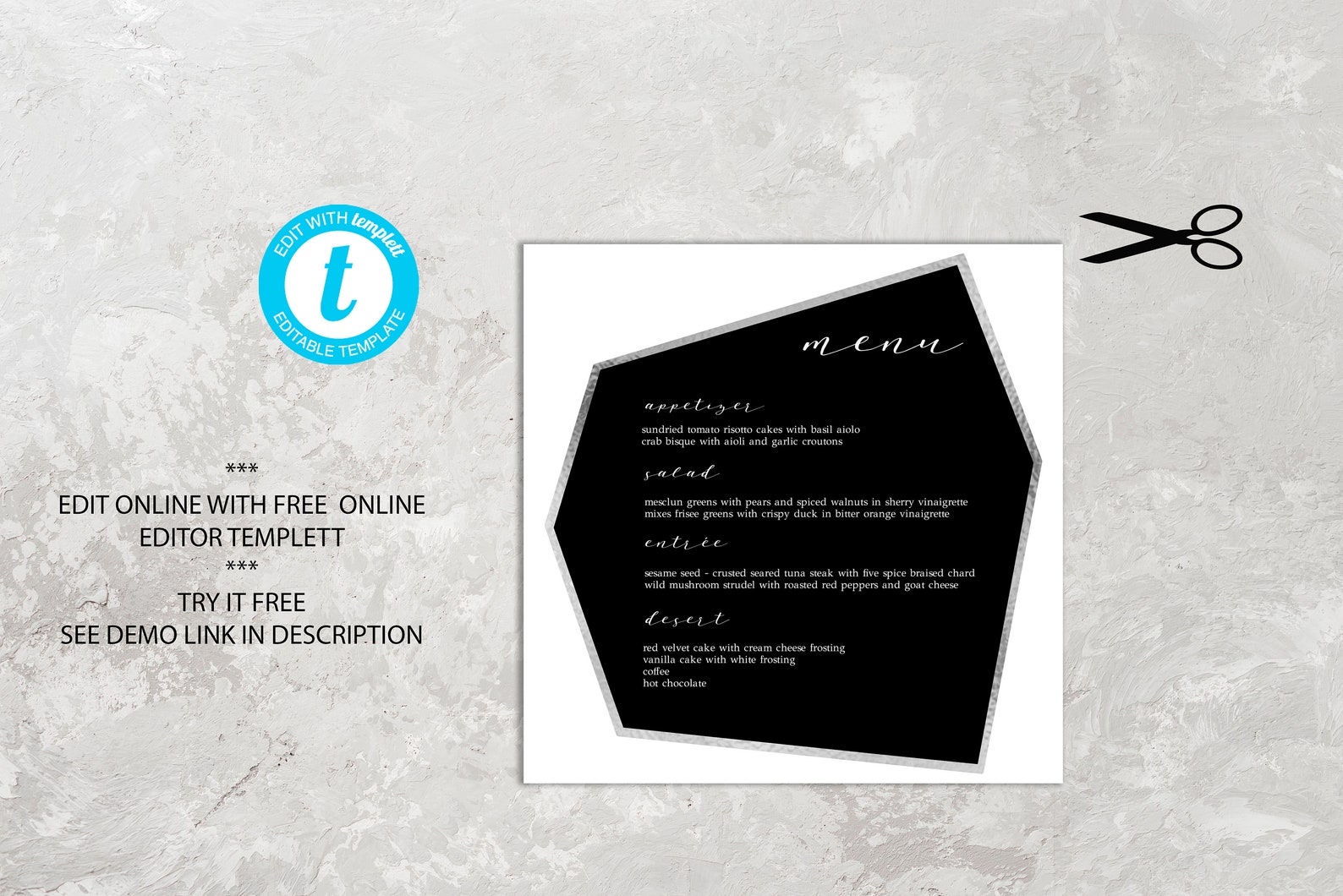 Geometric Wedding Menu Card Template Black Menu Card Hexagon | Etsy