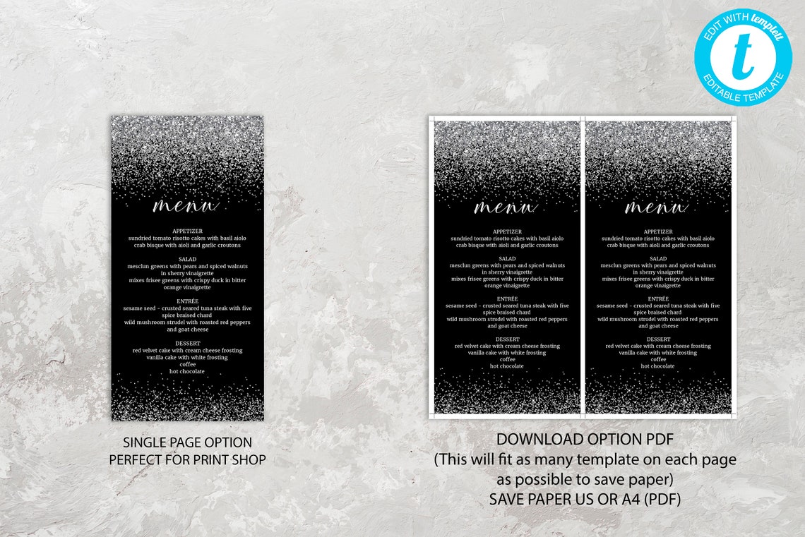 Black and Silver Menu Card Template Wedding Menu Card Glitter - Etsy