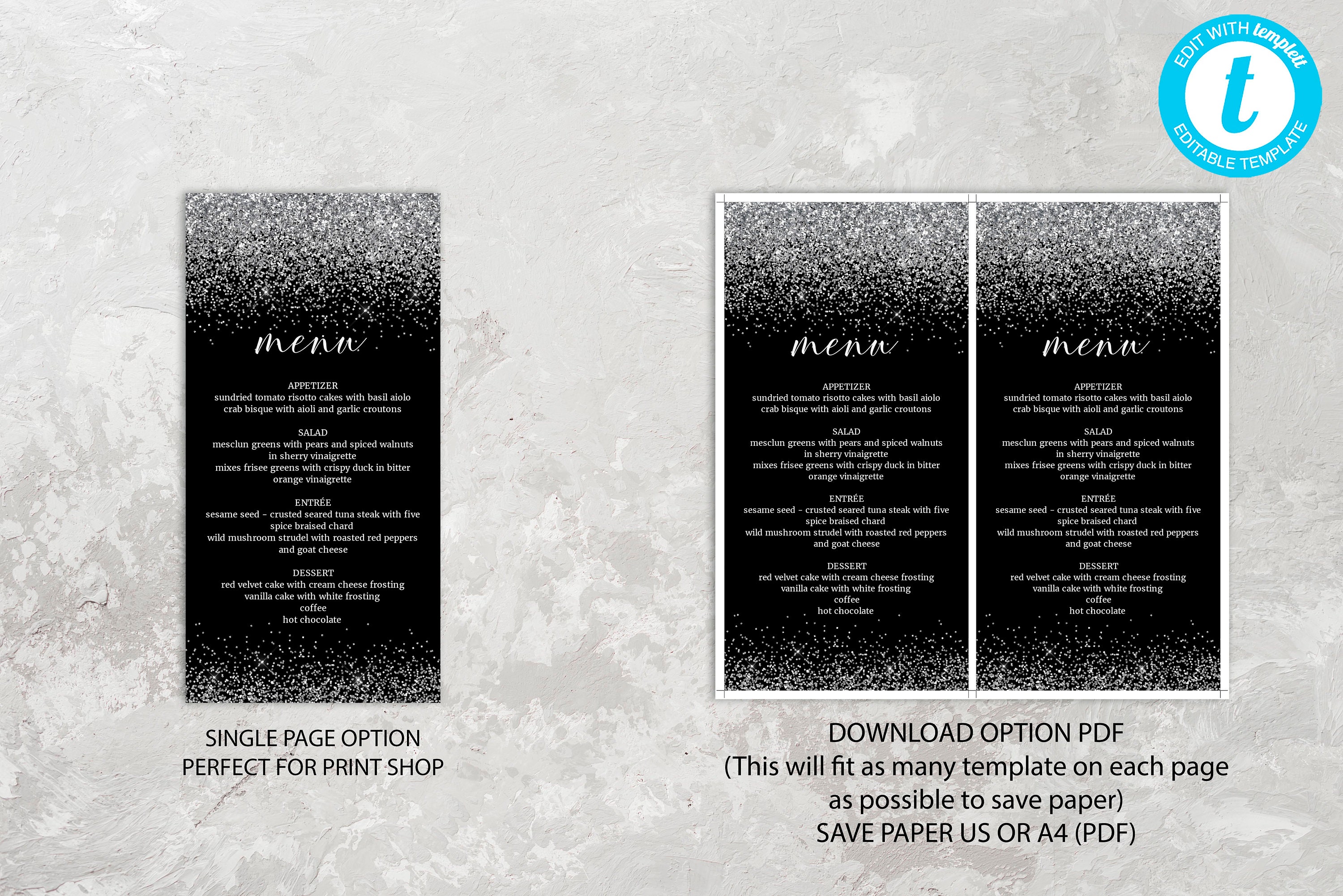 Black and Silver Menu Card Template Wedding Menu Card Glitter - Etsy