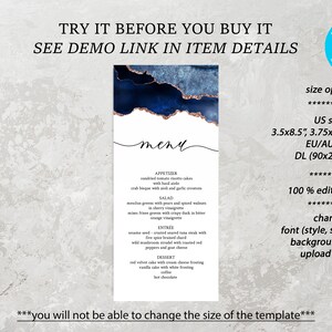 Wedding Menu Card Blue and Rose Gold, Dinner Menu Card Template, Menu ...