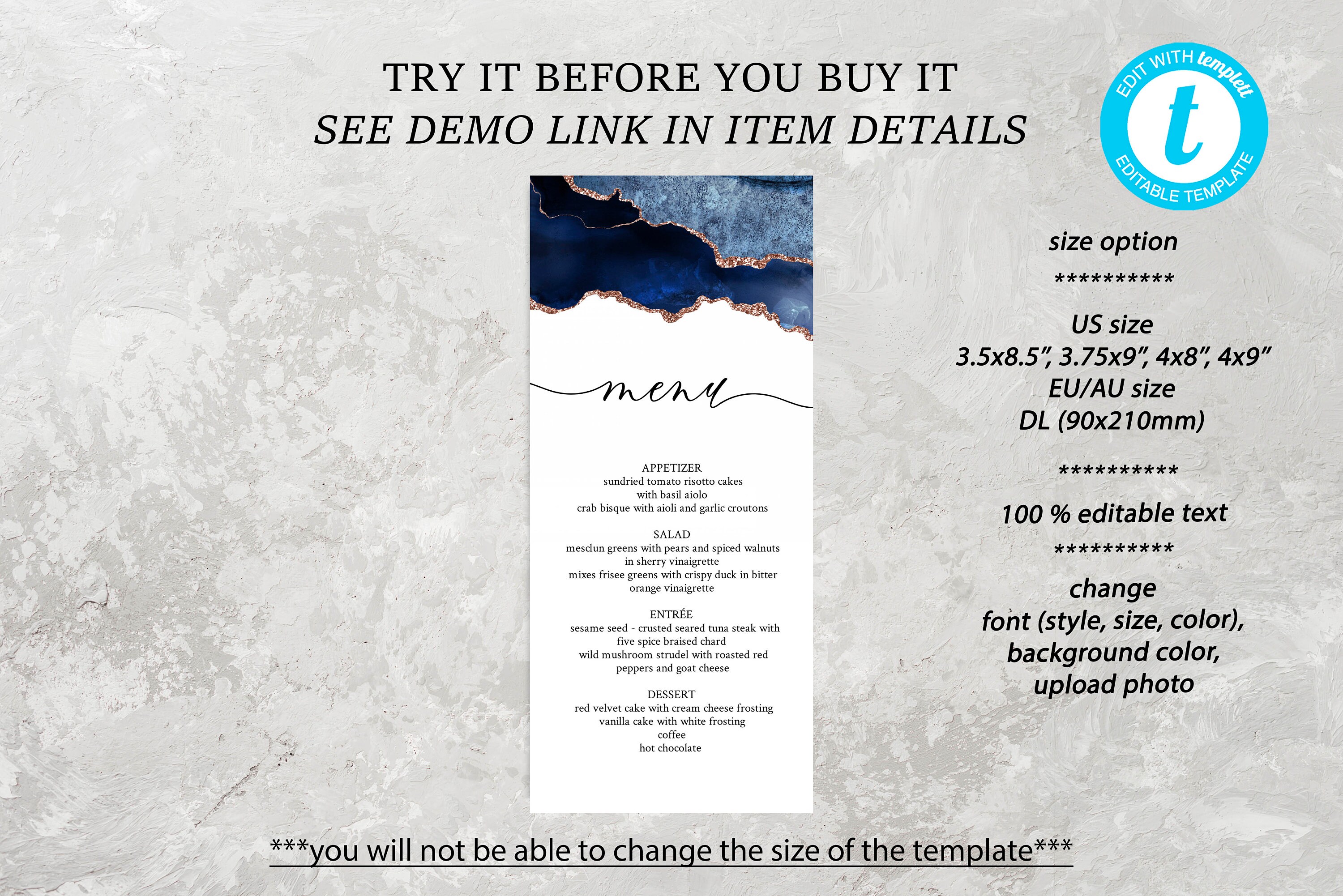 Wedding Menu Card Blue and Rose Gold Dinner Menu Card | Etsy