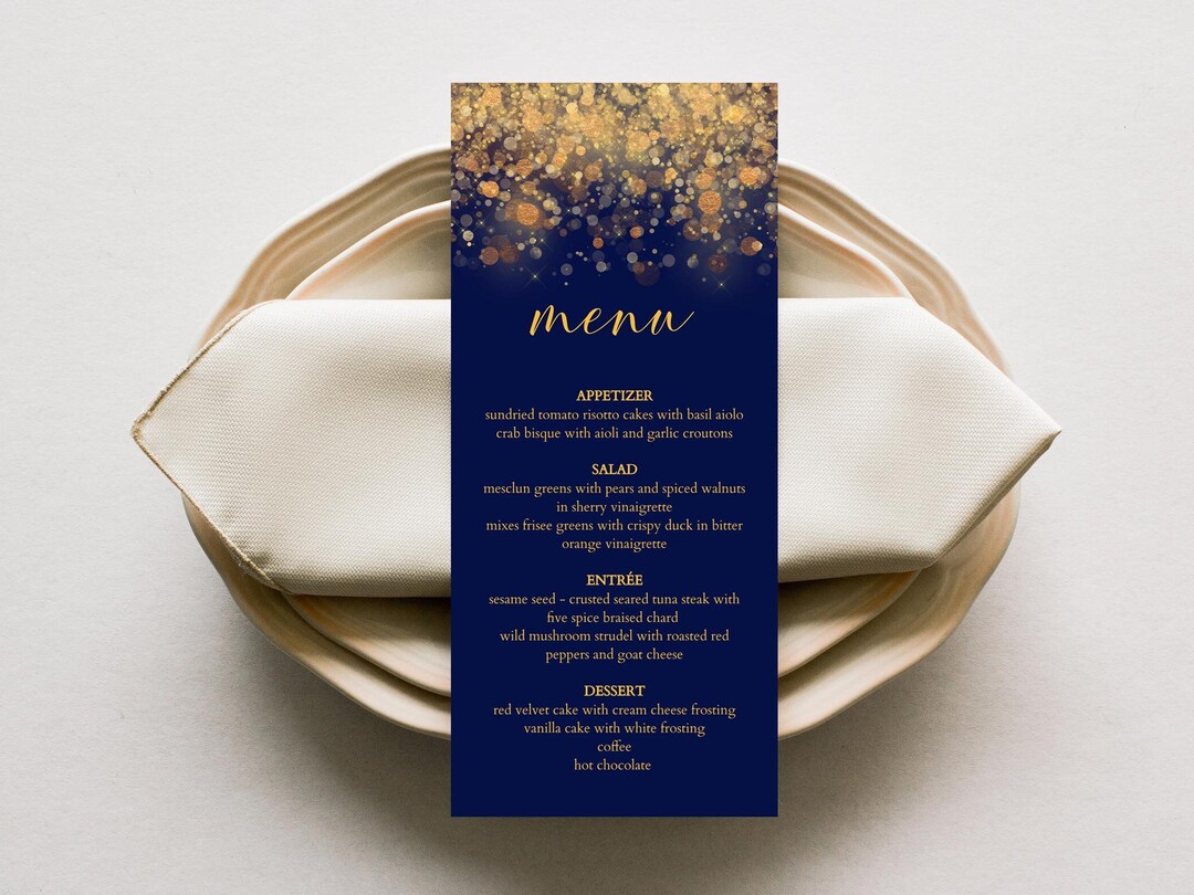 Wedding Menu Blue and Gold, Dinner Menu Card, Bridal Shower Menu Card ...