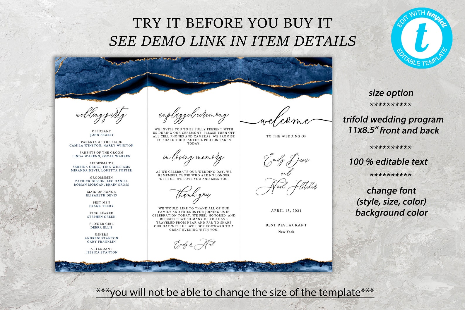 Blue and Gold Wedding Program Template Trifold Wedding - Etsy