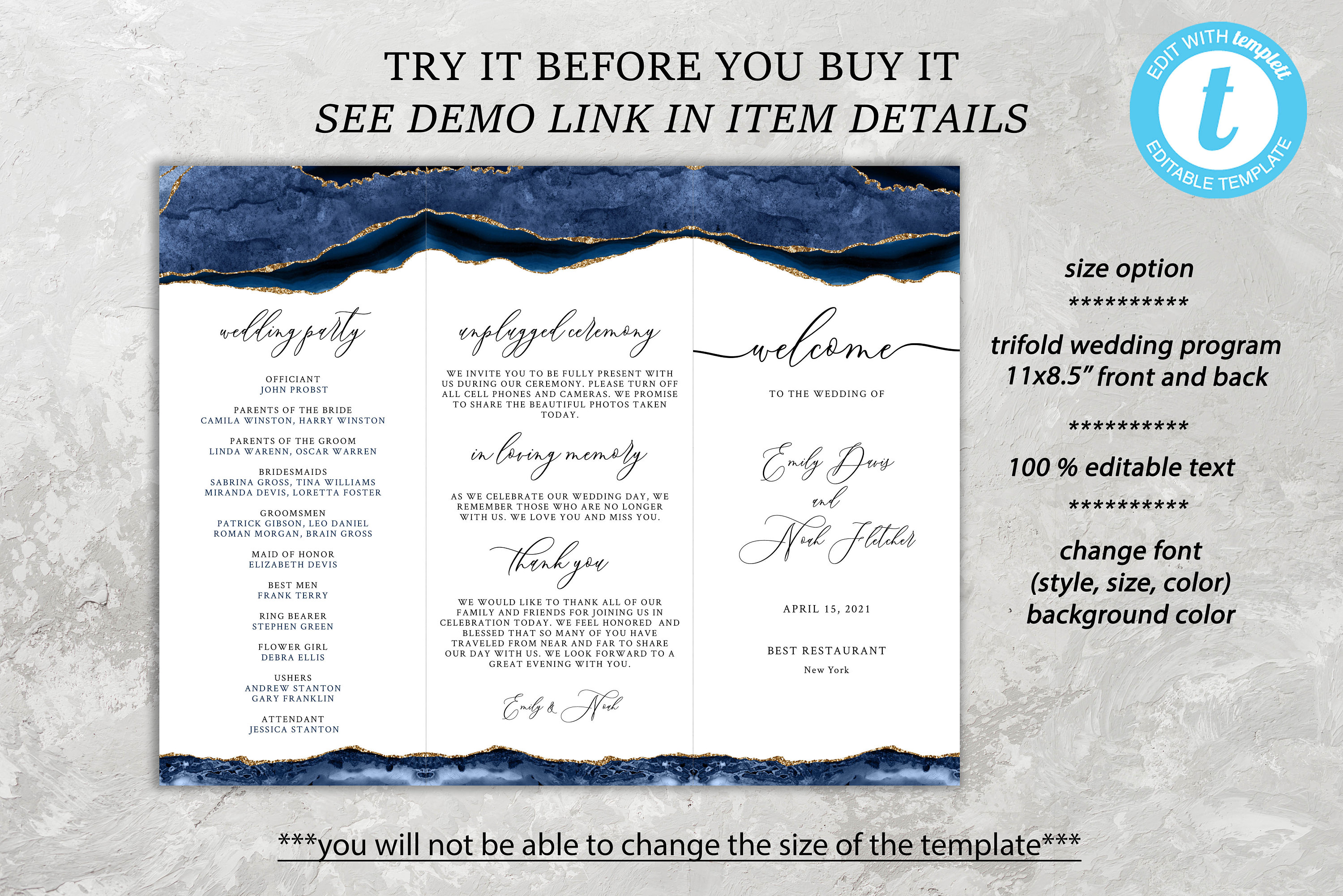 Blue and Gold Wedding Program Template Trifold Wedding - Etsy