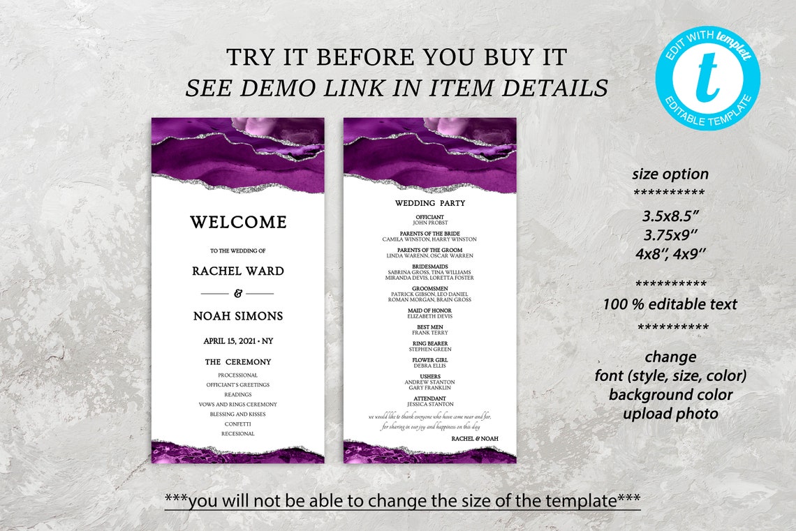 Purple and Gold Wedding Program Template Ceremony Program - Etsy
