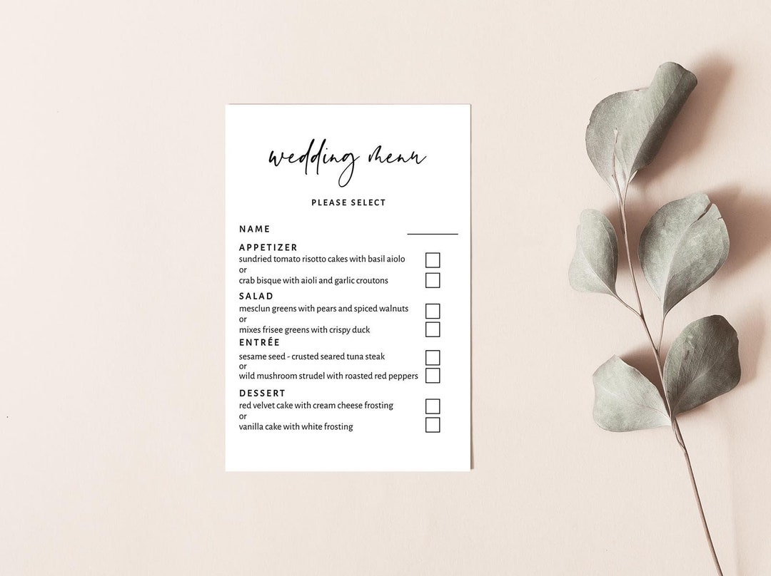Wedding Menu Selection Card, Menu Choice Card, Wedding Menu Card Printable, Wedding Menu Option ...