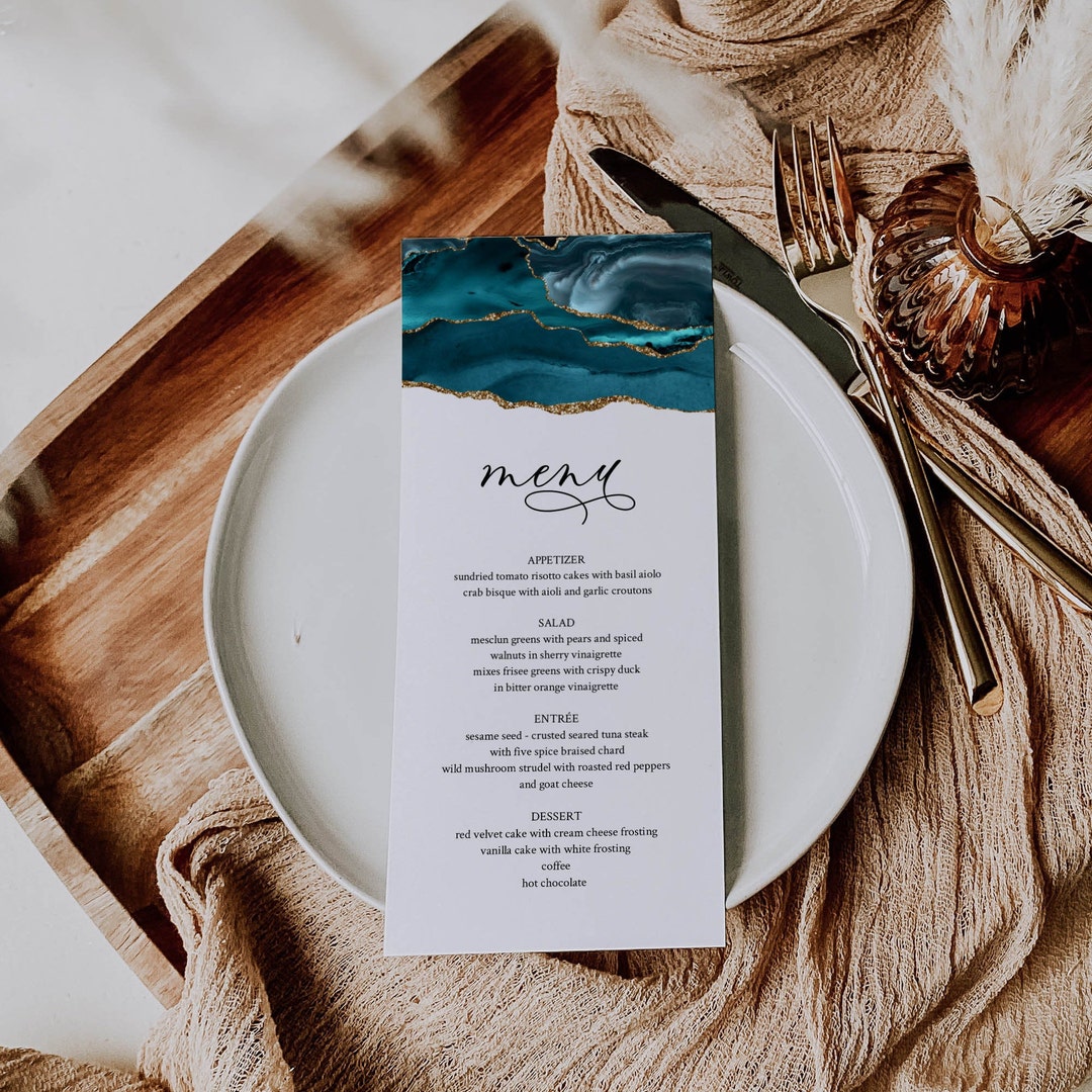 Wedding Menu Template, Menu Card for Event, Wedding Menu Teal and Gold ...