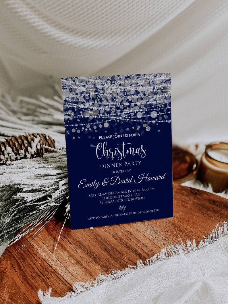 Silver Christmas Invitation, Blue and Silver Party Invitation Template ...