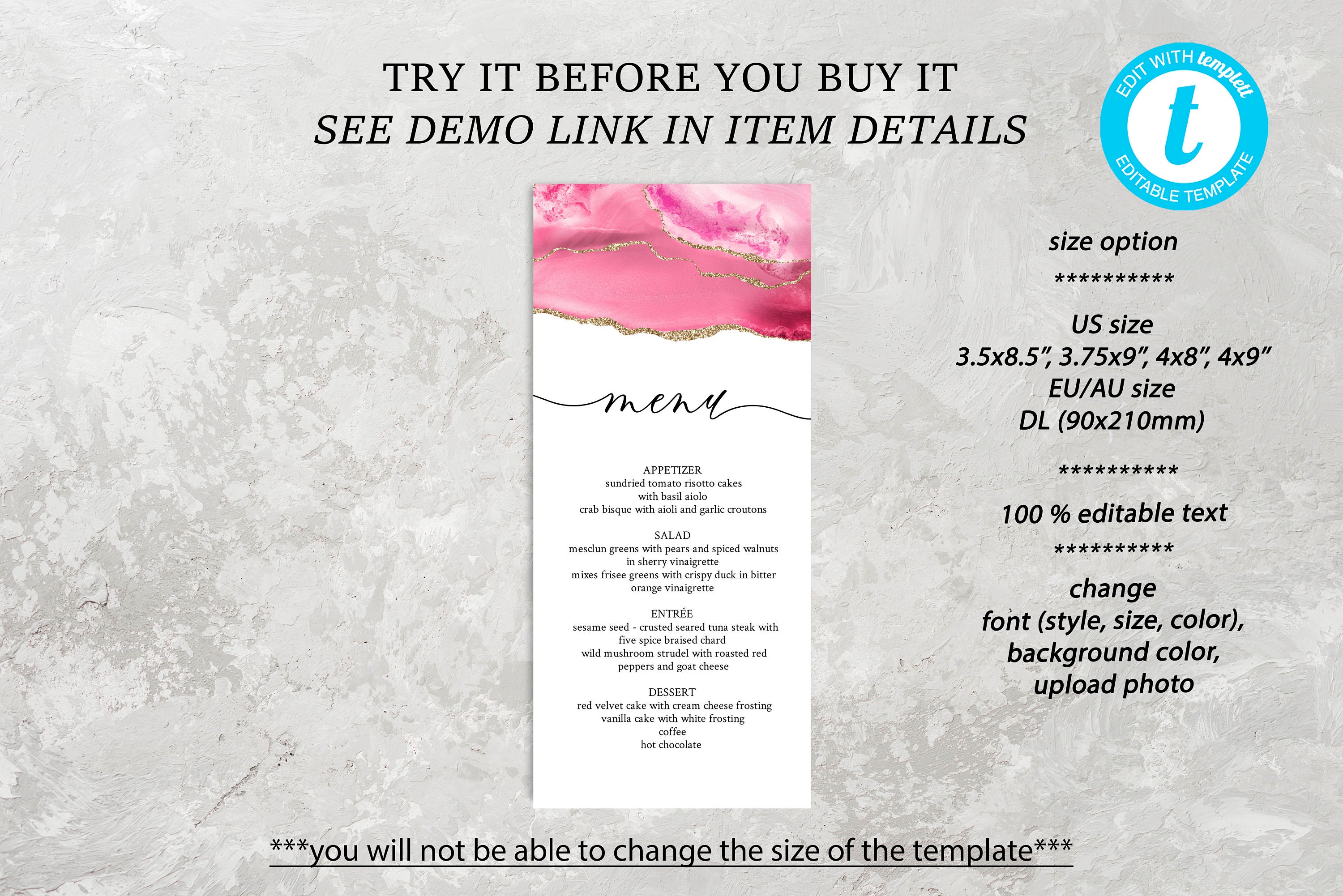 Pink Wedding Menu Card Template Menu Card Fuchsia and Gold | Etsy