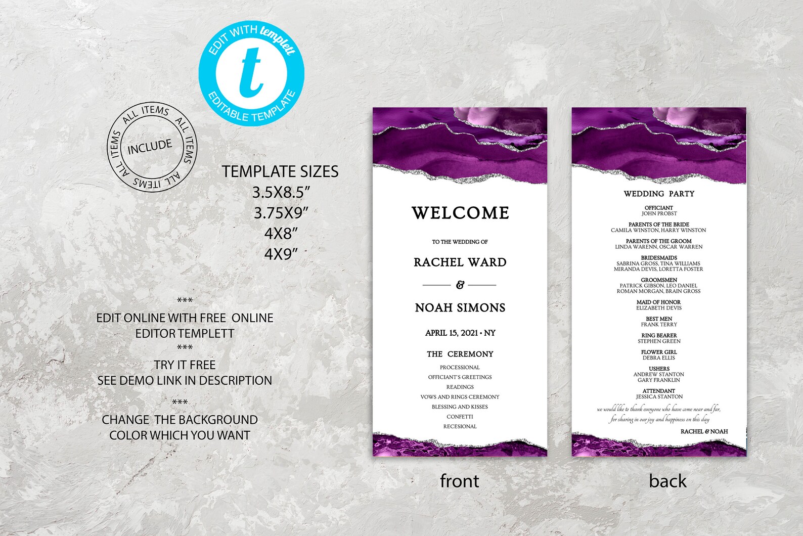 Purple and Gold Wedding Program Template Ceremony Program - Etsy