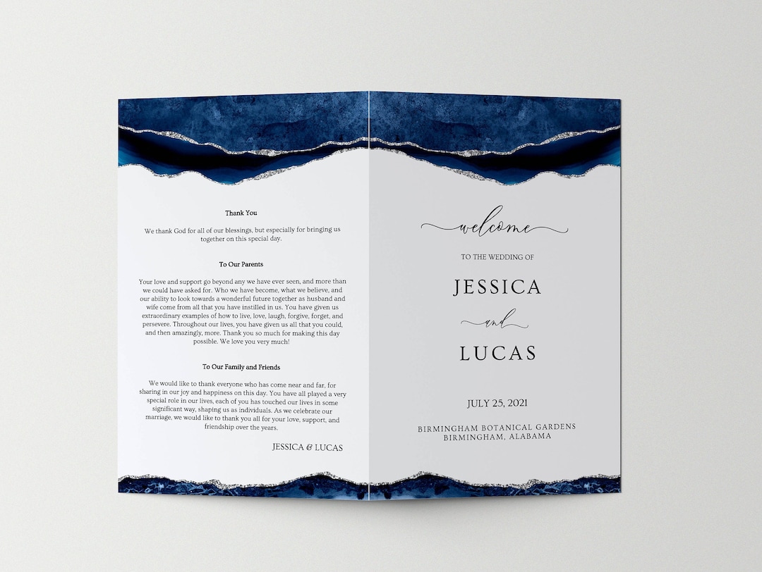 Blue and Silver Folded Wedding Program Template, Booklet Wedding ...