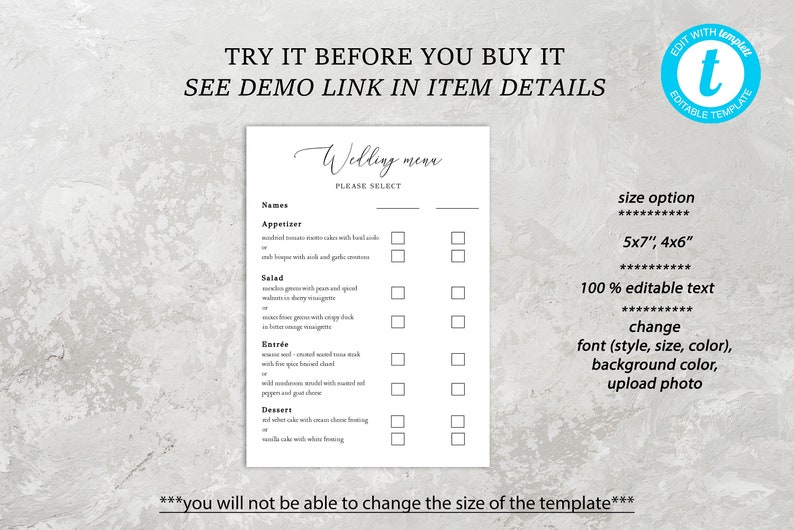 Wedding Menu Selection Card Menu Choice Card Wedding Menu - Etsy