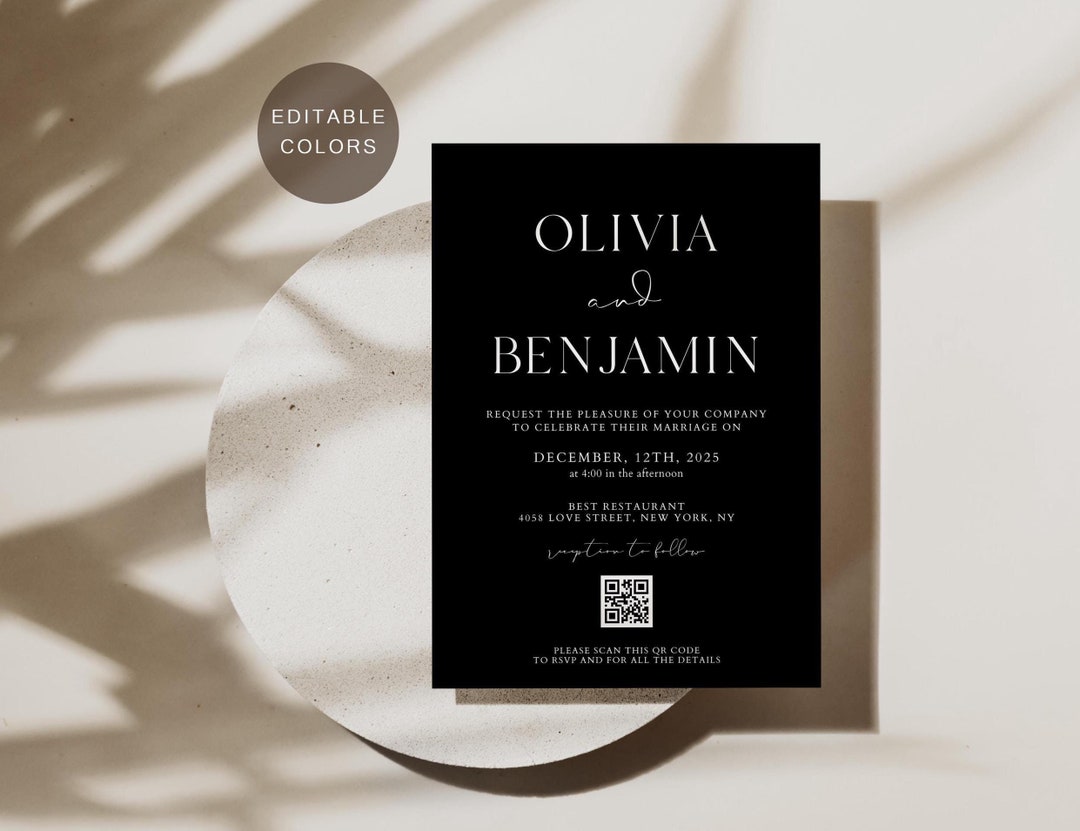 Wedding Invitation QR Code, Black Wedding Invitation With Online RSVP ...