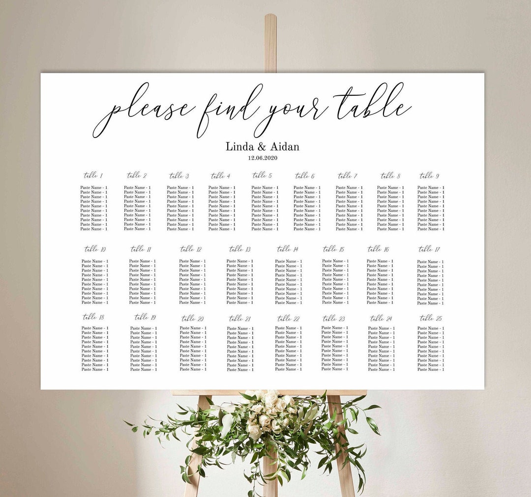 250 Names, Wedding Seating Chart Template, Large Seating Chart for ...