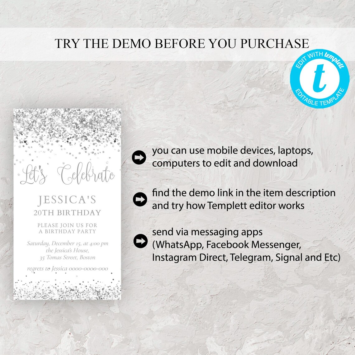 Silver Glitter Birthday Invitation: Editable Electronic Template ...