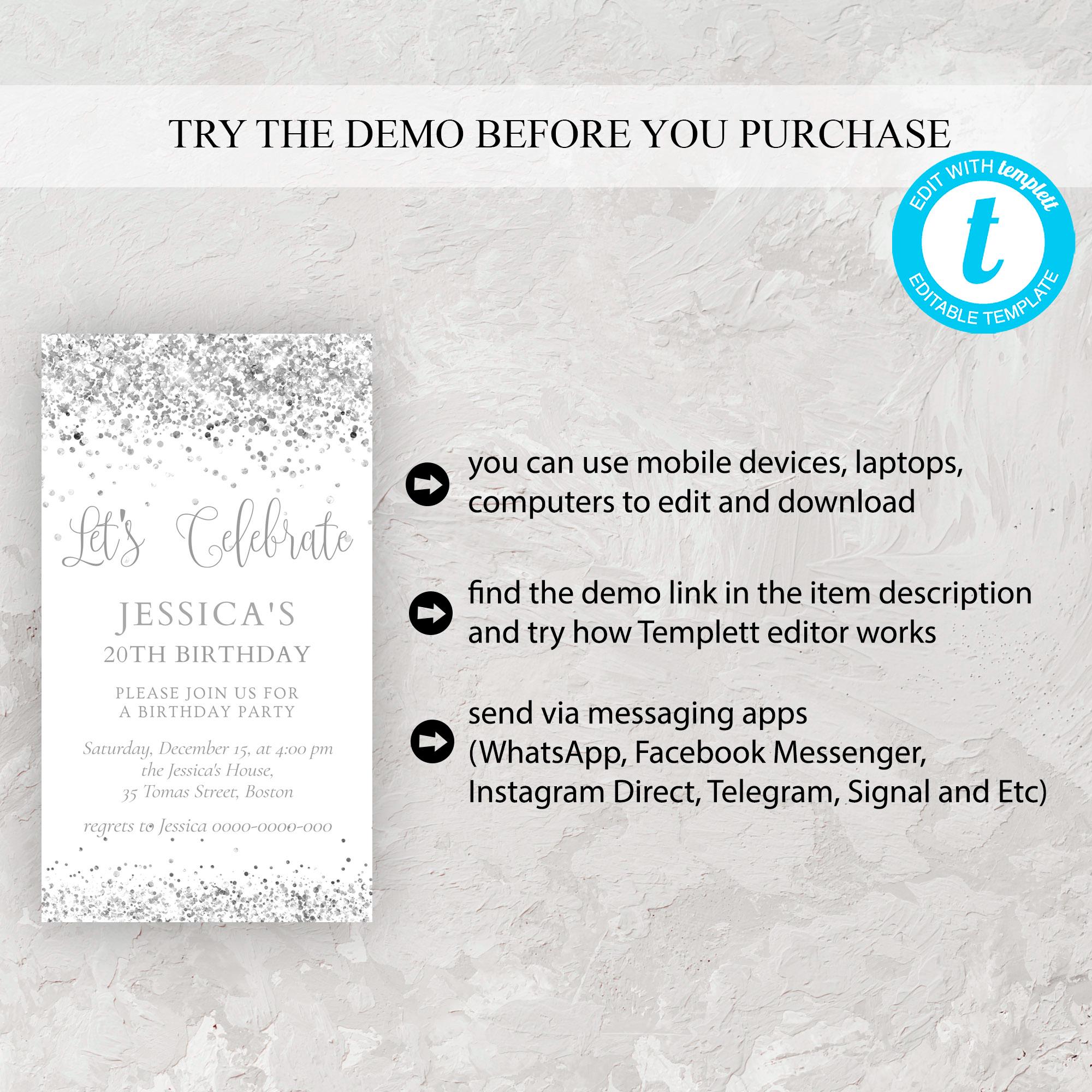 Silver Glitter Birthday Invitation: Editable Electronic Template ...