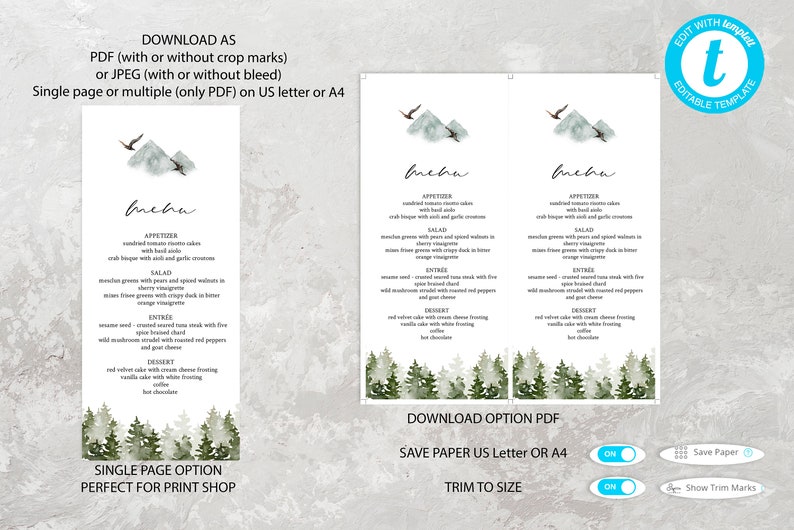 Wedding Menu Rustic Template Wedding Menu Forest Wedding | Etsy