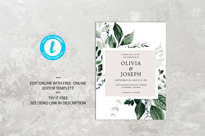 OLIVIA Botanical Wedding Invitation Set Greenery Wedding | Etsy