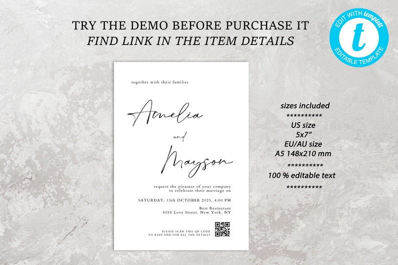 Printable Wedding Invitation With QR Code Modern Minimalist - Etsy