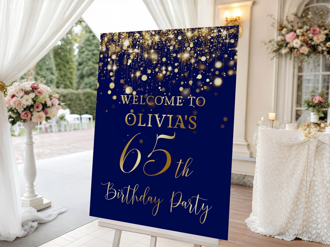 65th Birthday Party Welcome Sign Blue and Gold Shimmer, Editable Banner ...