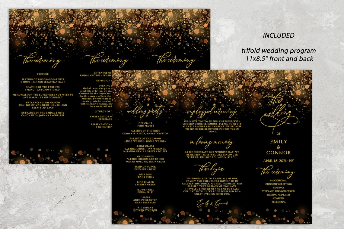 Trifold Wedding Program Template, Ceremony Program Black and Gold ...